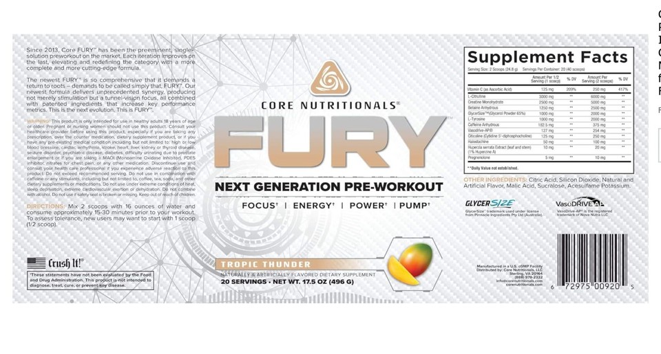 Core Nutritionals FURY Pre Workout Energy 20 Serves TROPIC THUNDER, exp ...