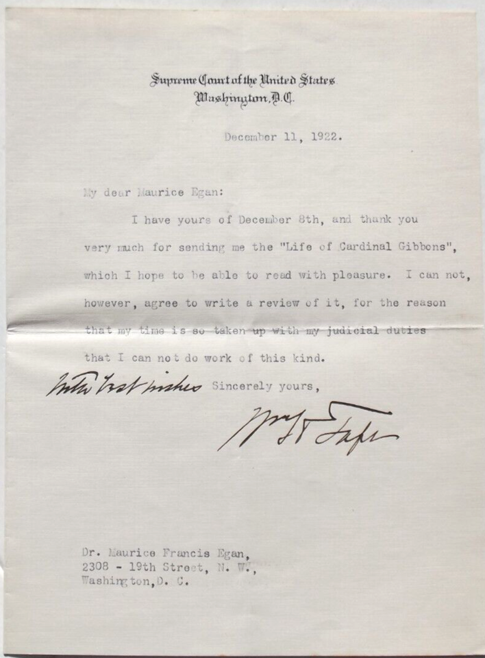 President William H. Taft Signed Supreme Court Letter 10th Chief ...
