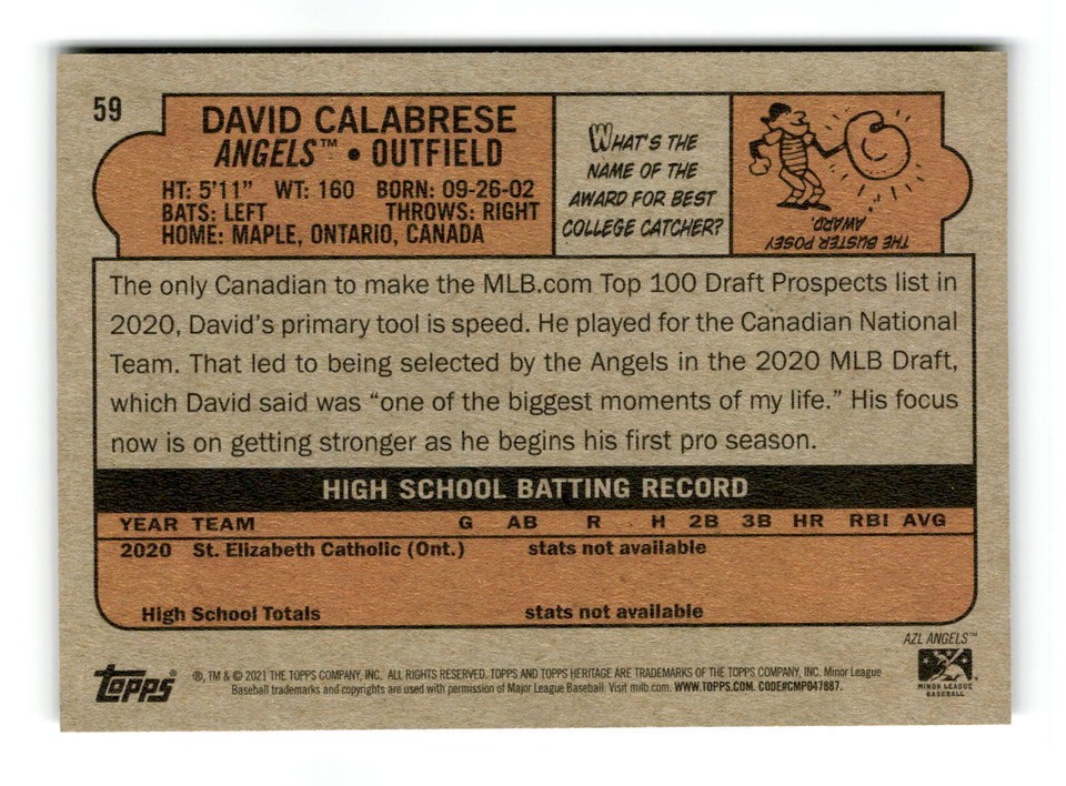 2021 Topps Heritage Minor League David Calabrese #59 AZL Angels | eBay