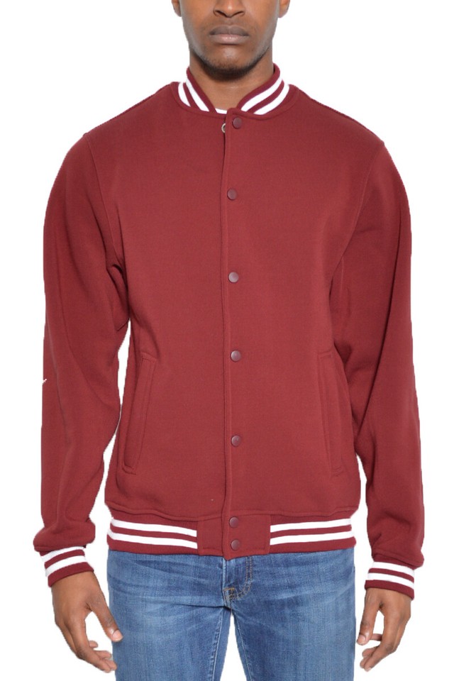 MEN'S VARSITY JACKET PLAIN SNAP FRONT BASEBALL VARSITY FLEECE | eBay