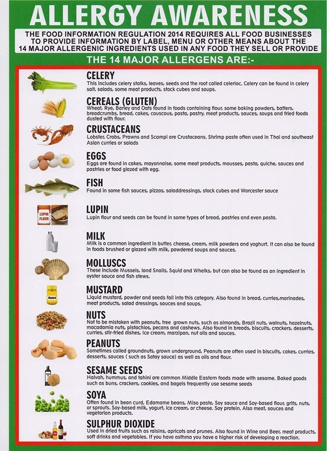 FSA Compliant and up to date Food Allergens Laminated A4 Sign | eBay UK