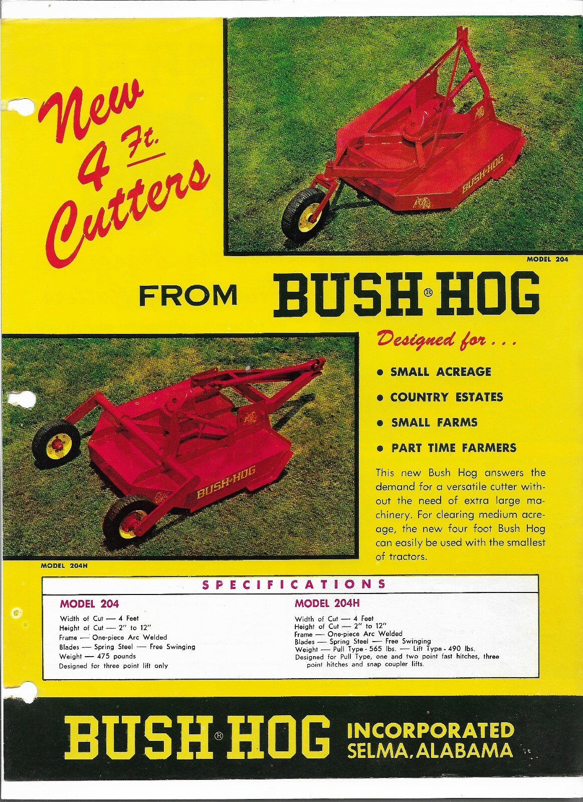Original Bush Hog Models and 204 204H 4ft. Cutters Sales Brochure Form ...