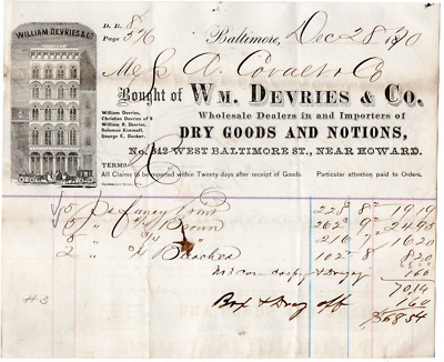 Wm. Devries & Co Dry Goods Baltimore MD Dec 28 1870 Document TT | eBay