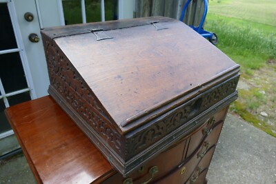 antique primitive 17th c Bible Box carved oak & pine forged butterfly ...