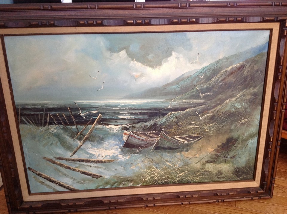 Vintage estate oil painting by artist Engel Seascapeboat gorgeous ...