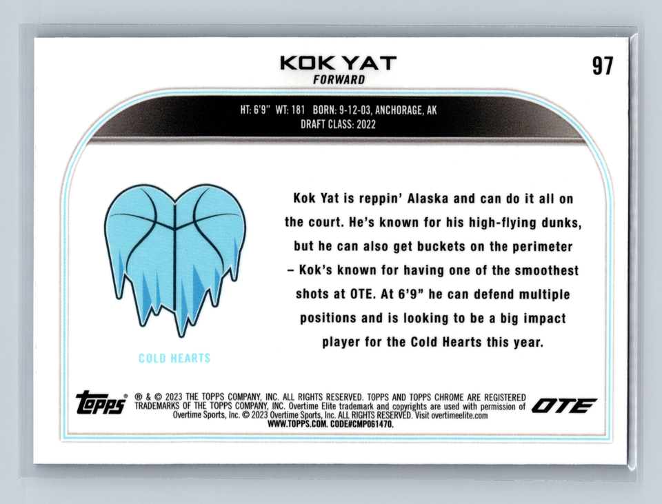 2022-23 Topps Chrome OTE Sapphire Kok Yat #97 Cold Hearts Basketball ...