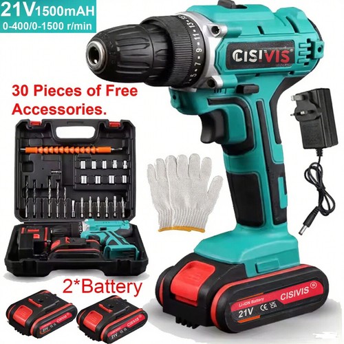 2 Battery 21V Cordless Drill Combi Driver High Power Electric ...