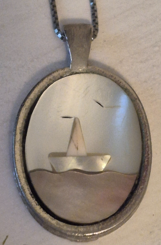 Sterling Silver Box Chain Abalone Sailboat Ship Ocean Scene Pendant | eBay
