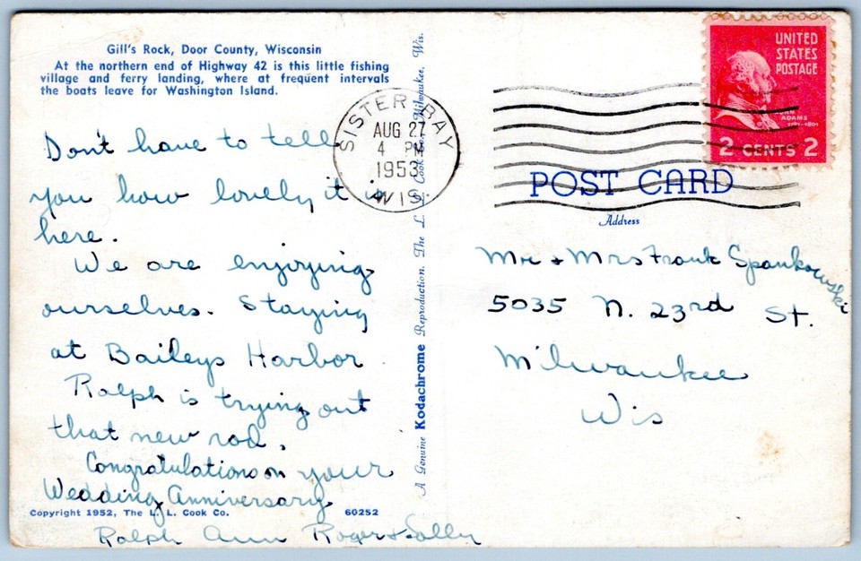 Postcard Gills Rock WI Fishing Village Ferry Landing Door County Cars ...