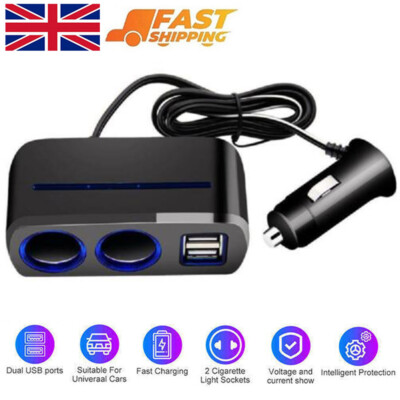 2 Way 12V Car Cigarette Lighter Socket Dual USB Charger Splitter Power ...