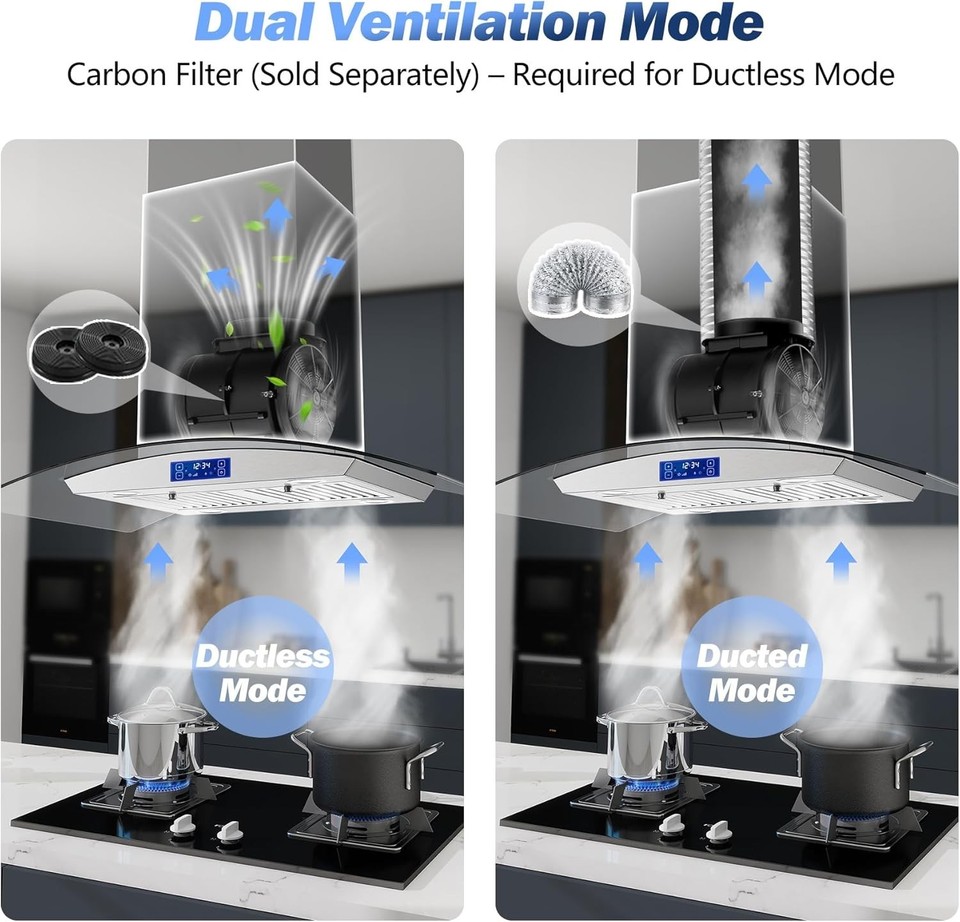 700CFM Island Range Hood 36 inch Tempered Glass Cook Fan Kitchen Vent 3 ...