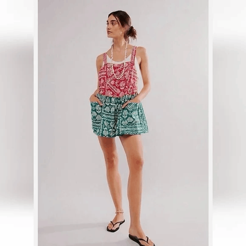 Free People Palm Bay Red Green Aztec Sleeveless Shortalls Romper Women ...