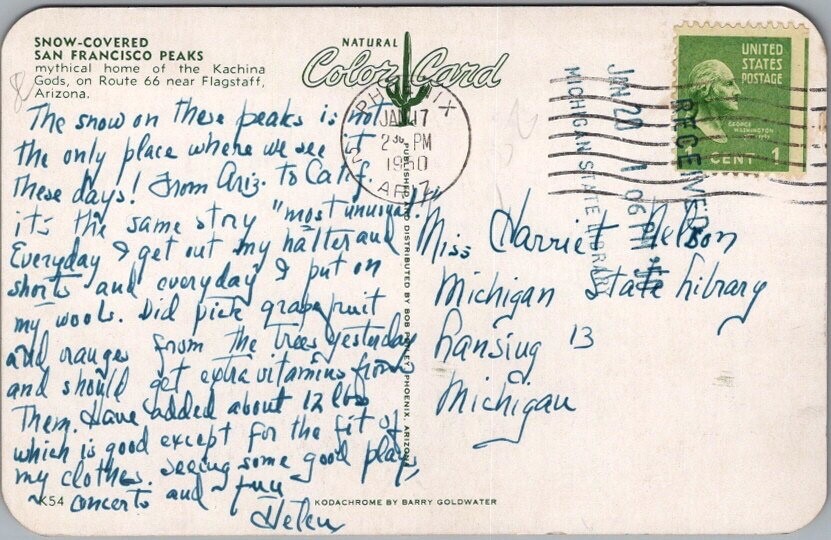 1950 Flagstaff, Arizona ROUTE 66 Postcard "Snow-Covered San Francisco ...