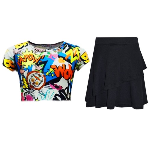 Kids Girls Tops Comic Book Crop Top & Double Layer Skater Skirt Set 7 ...
