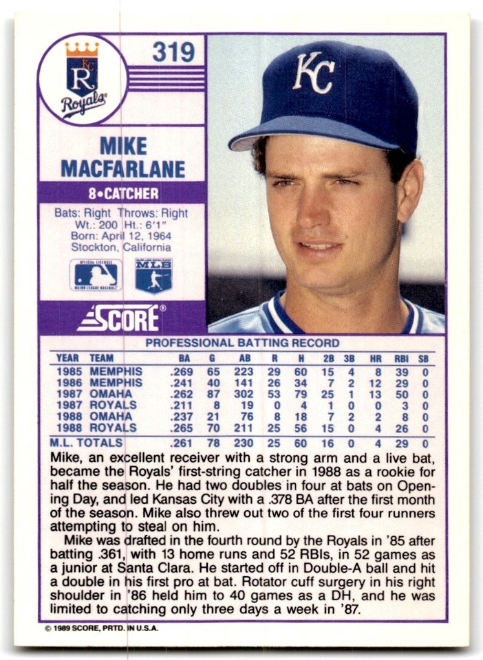 1989 Score Mike Macfarlane Rookie Kansas City Royals #319 | eBay
