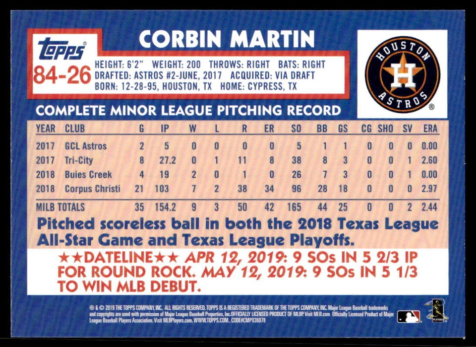 2019 Topps Update #84-26 Corbin Martin Houston Astros | eBay