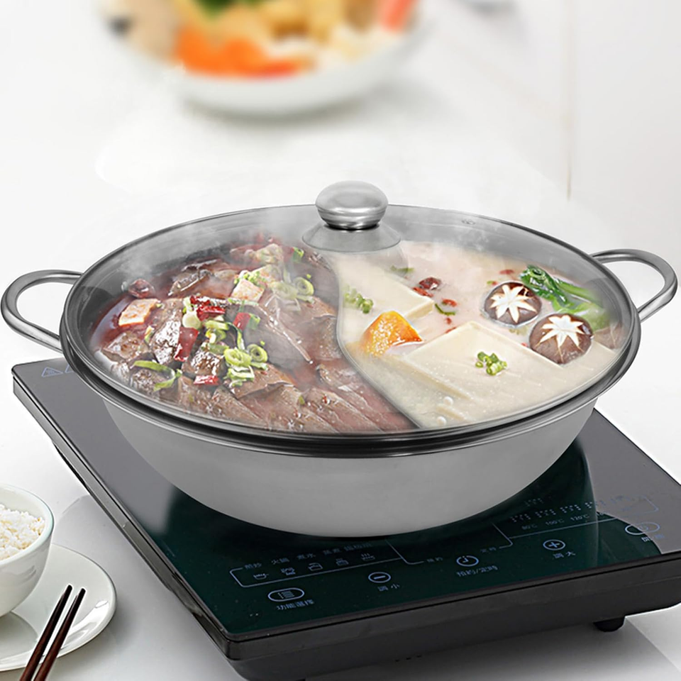 Stainless Steel Twin Mandarin Duck Hot Pot Induction Cookware with Lid ...