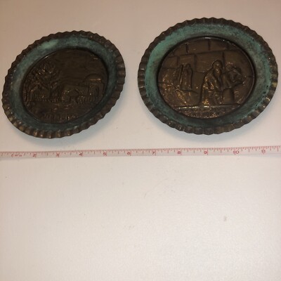 2 Copper Enamel Hanging Wall Plates from Israel Set Pair Vintage ...
