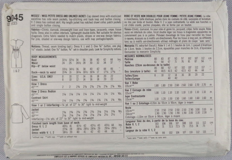 Simplicity pattern 9045 Easy to Sew Misses' Dress & Jacket size 20 | eBay