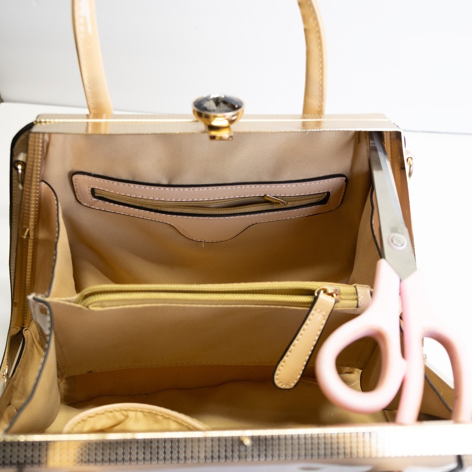 Glossy Peach Patent Leather Handbag – Structured Design with Gold Clasp ...