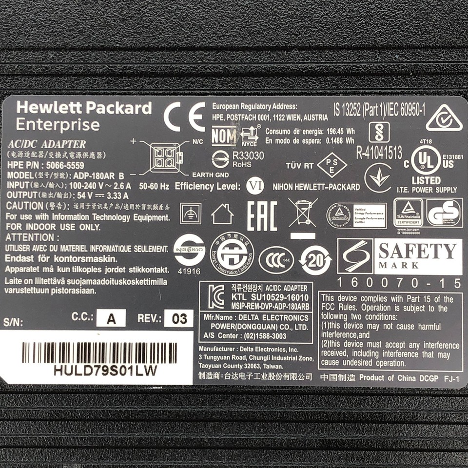 NEW Genuine HP 180W HPE AC Adapter 54V 3.33A Power Supply ADP-180AR B ...