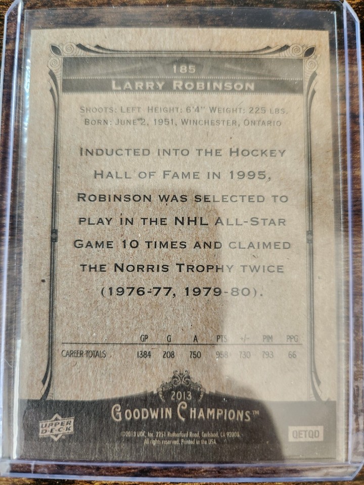 2013 Upper Deck Goodwin Champions Larry Robinson SP #185 Montreal ...