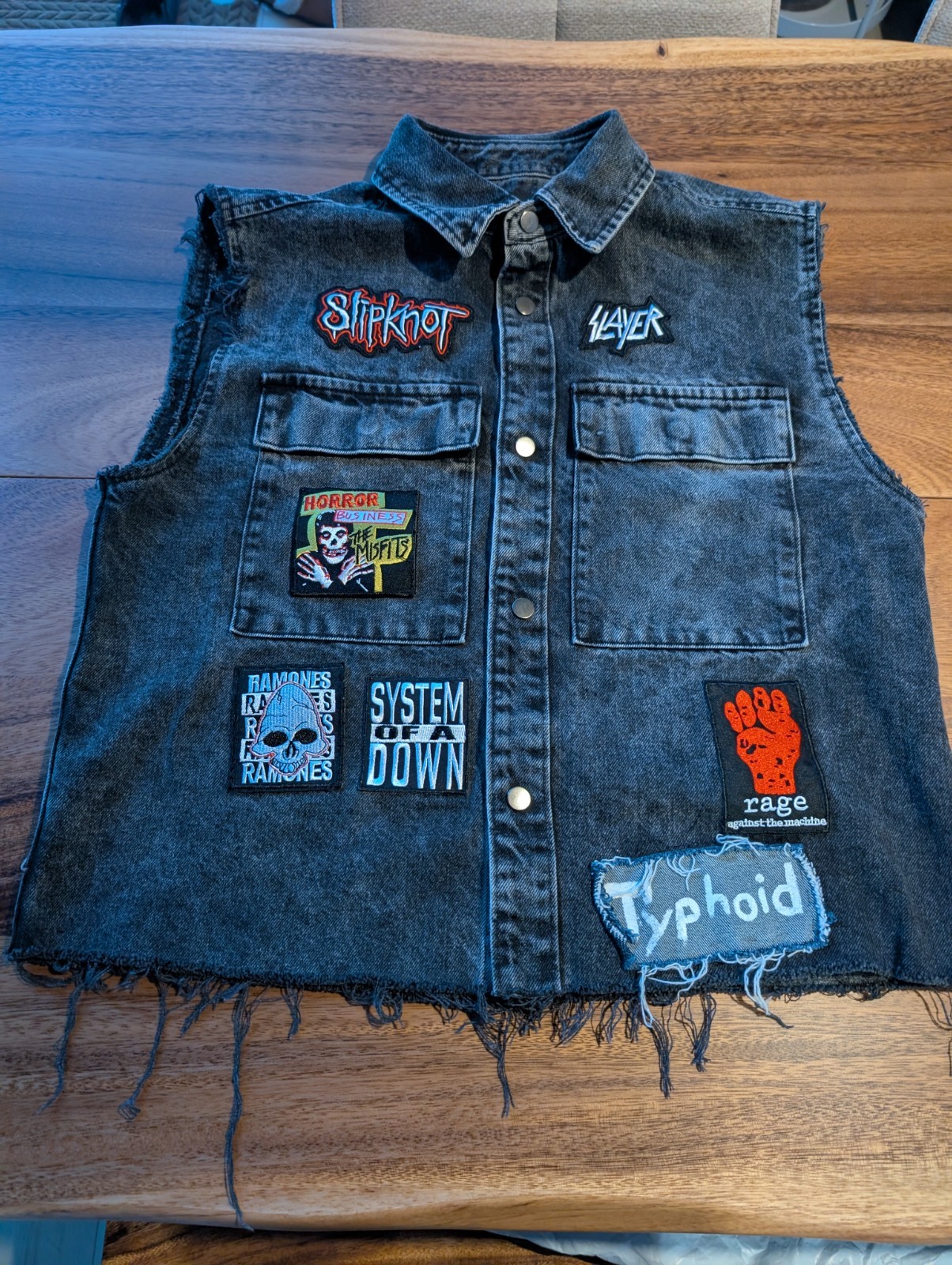 Black Denim Punk Rock Band Patch Vest Metalhead Grunge Cut Off Jacket ...