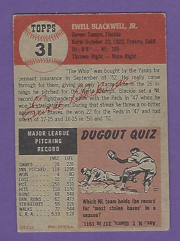 1953 Topps - #31 Ewell Blackwell SP - New York Yankees - VgEx+ CENTERED ...