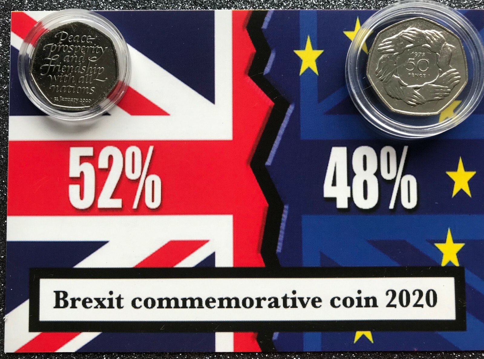 1973 and 2020 Join EU/ Brexit 50P coins mounted on BREXIT RESULT ...