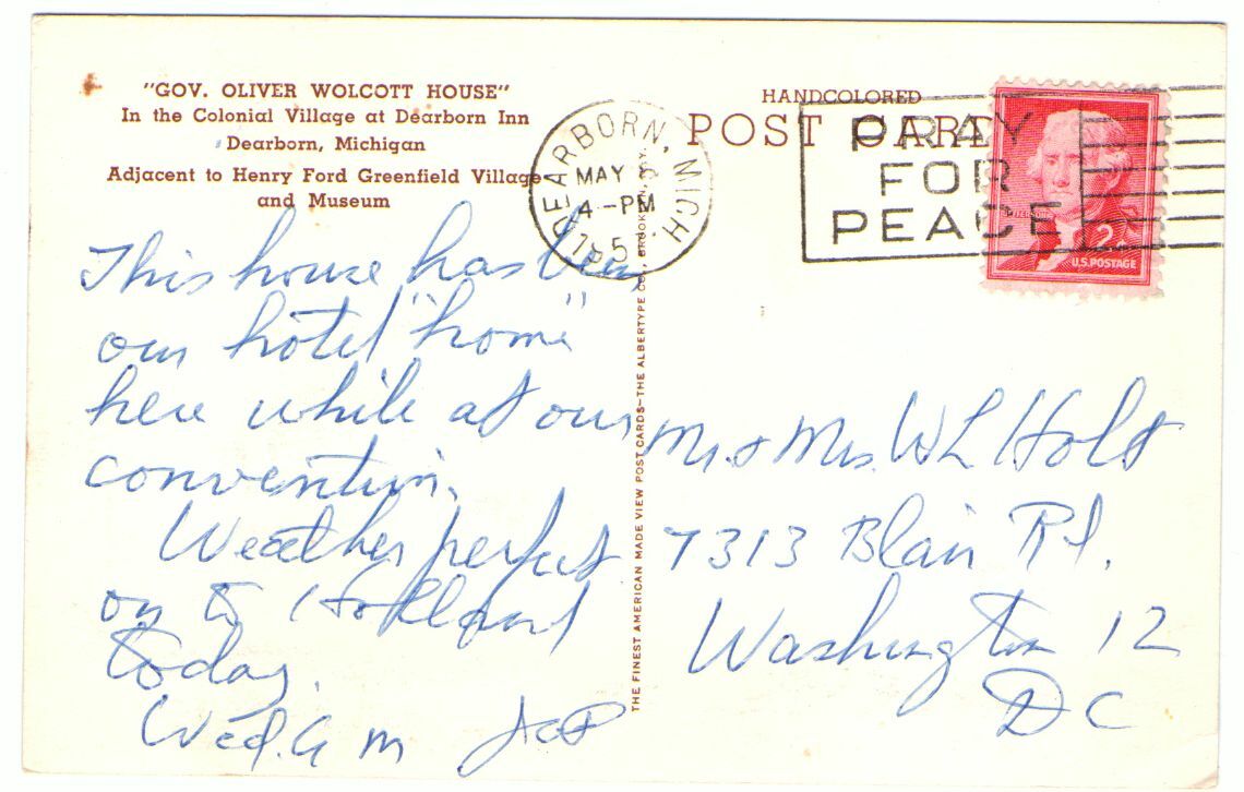 1951 Postmarked Postcard Gov Oliver Wolcott House Dearborn Michigan MI ...