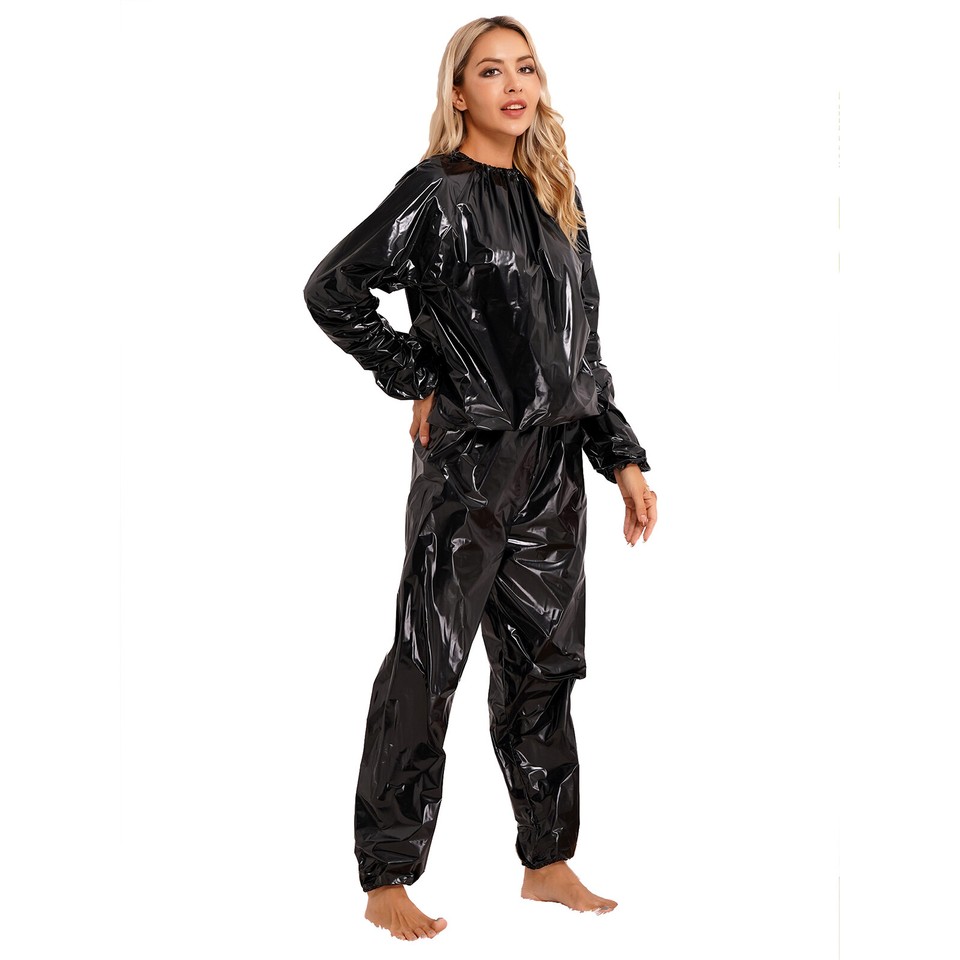 Women Men 2Pcs PVC Sauna Suit Long Sleeve Elastic Cuff Top and Pants ...
