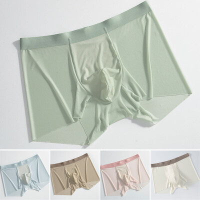 Mens Sexy Sheer Boxer Briefs Seamless See-through Ice Silk Underwear ...