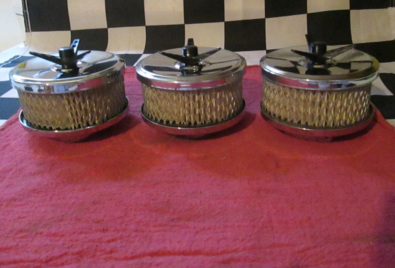 3 NICE 4" DIAMETER VINTAGE AIR CLEANERS 2 5/8" NECK RAT ROD/HOT ROD ...