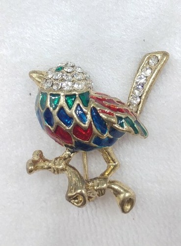 Vintage Brooch pin bird finch robin starling gold tone clear ...