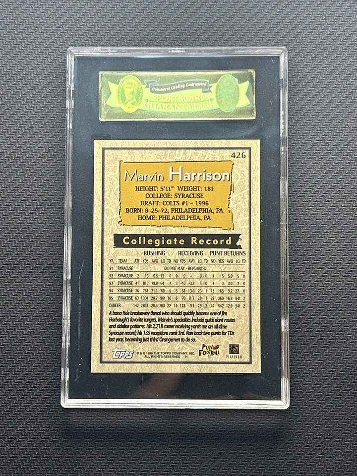 1996 Topps Marvin Harrison #426 RC SGC 10 (96) Mint ~ Old Slab Looks ...