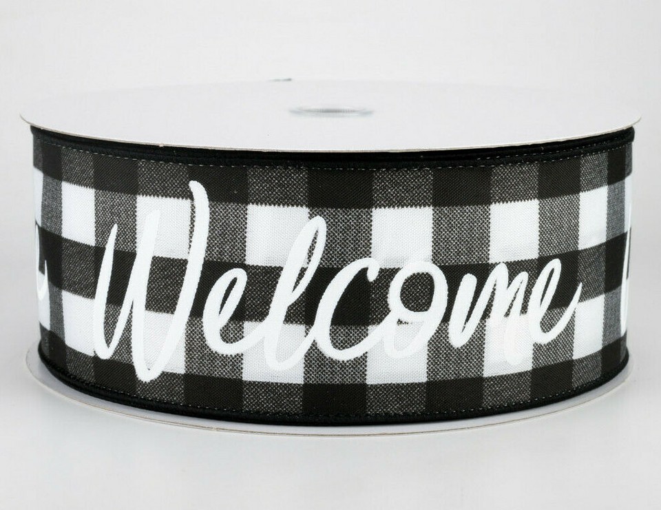 2.5" wired ribbon black and white buffalo plaid check Welcome script ...