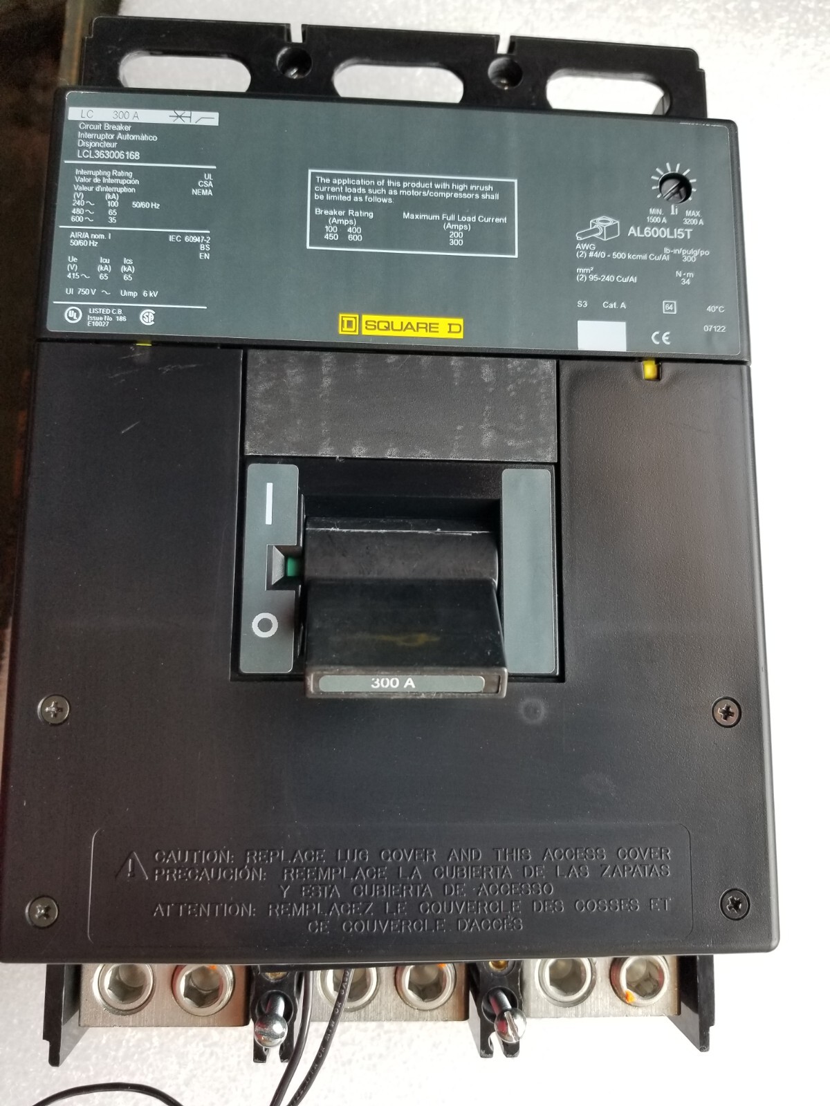 SQUARE D 300 AMP CIRCUIT BREAKER 600 VAC 3 POLE LC36300 6168, Excellent ...
