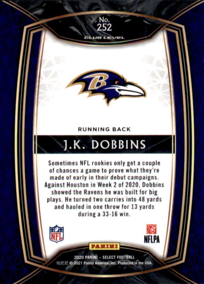 2020 Select #252 J.K. DOBBINS RC Rookie Club Level Baltimore Ravens ...