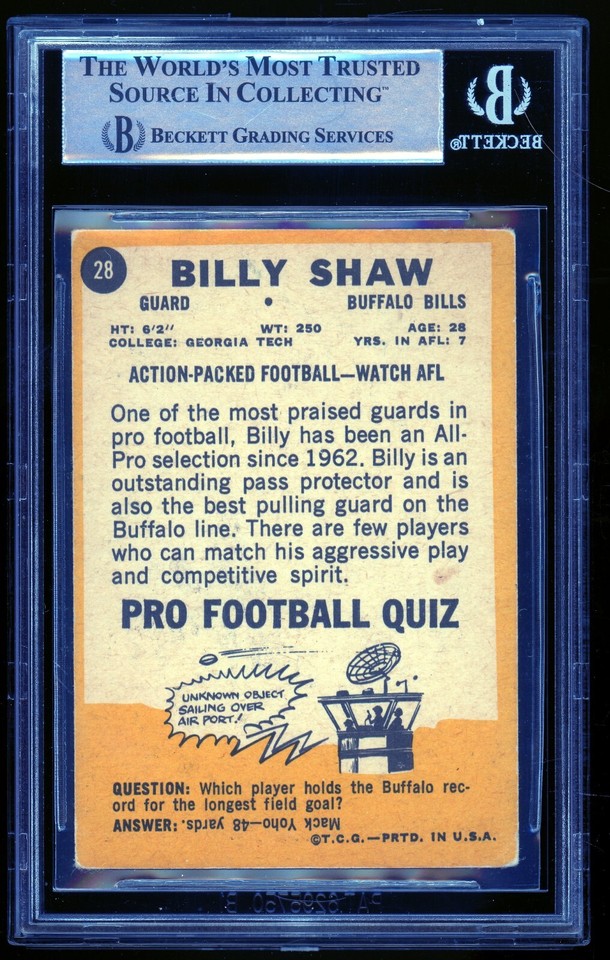 BILLY SHAW 1967 Topps #28 Buffalo Bills BGS/BAS Certified Authentic ...