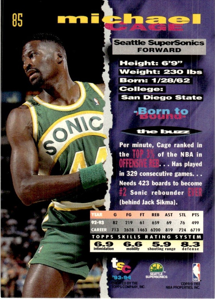1993-94 Stadium Club Basketball Card Michael Cage Seattle SuperSonics ...