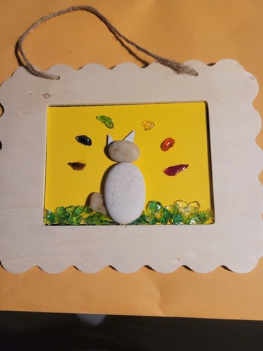 Sea Glass White Cat Rainbow Bridge Picture Pebble Art New Handmade 7 3/ ...