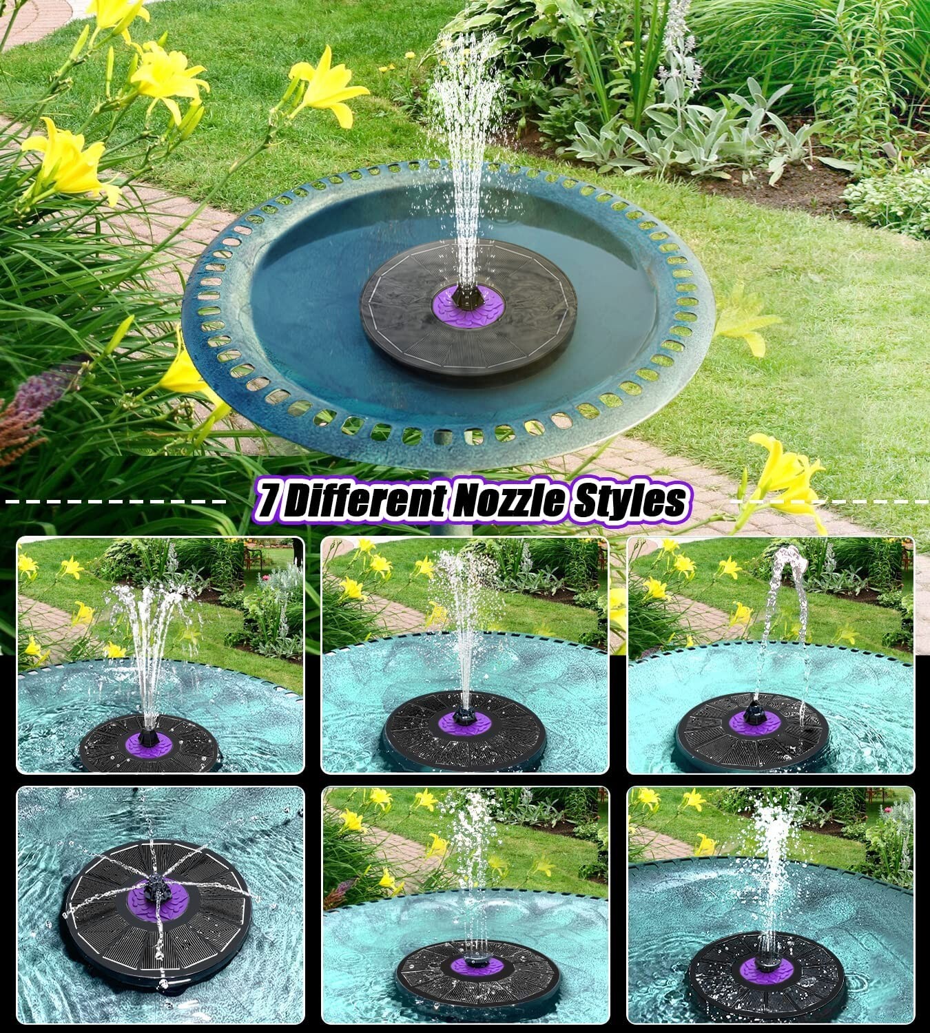 Solar Powered Fountain Bird Bath Floating Water Flower Pump Garden,Pond ...