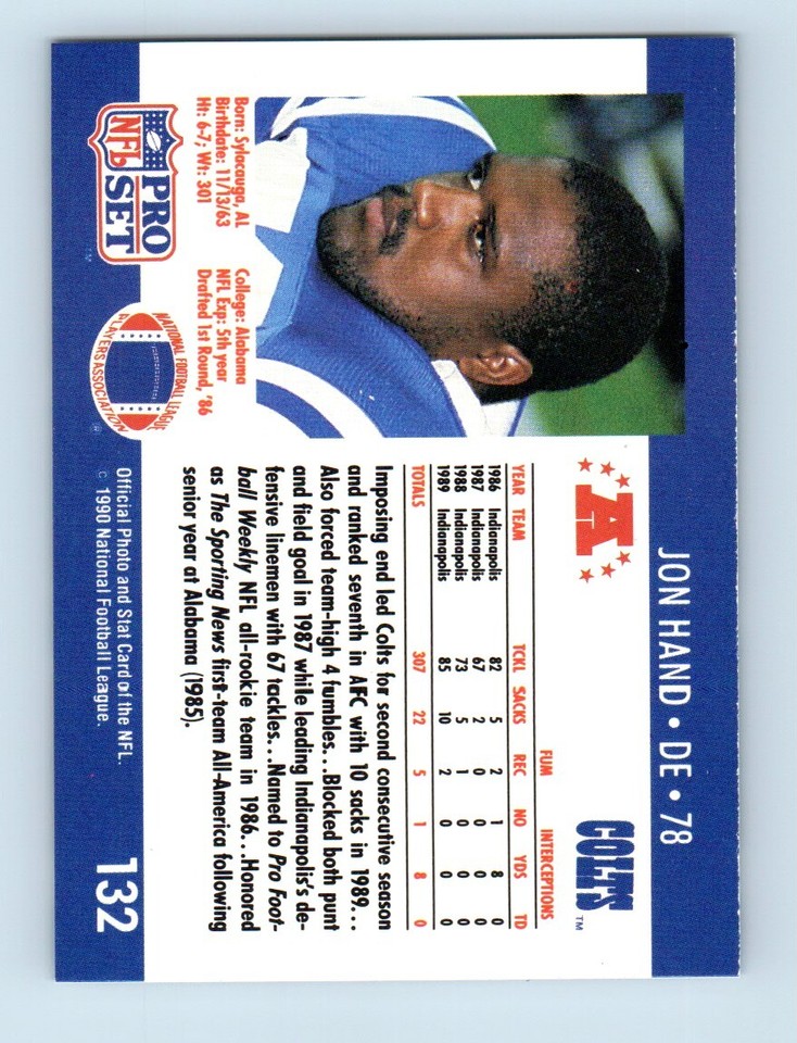 1990 Pro Set Jon Hand Indianapolis Colts #132 | eBay