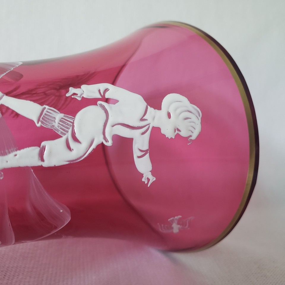Mary Gregory Hand Painted Bohemia Cranberry Art Glass Vase Boy Chasing ...