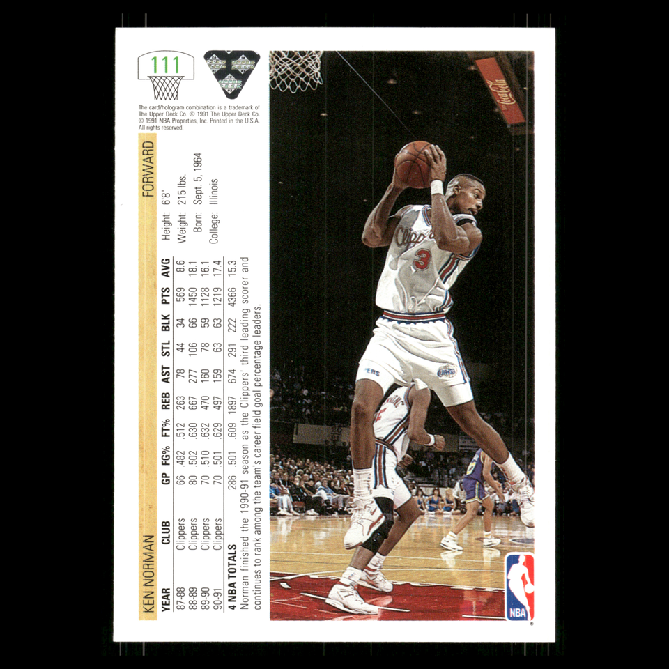 Ken Norman #111 1991-92 Upper Deck Los Angeles Clippers Basketball Card ...