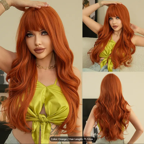 Women'S Vibrant Orange Long Curly Wig with Bangs - Rose Net Cap, High ...