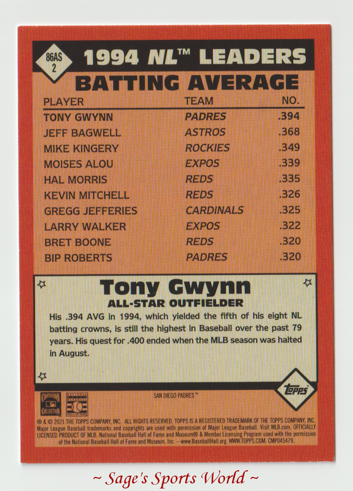 2021 Topps Baseball '86 Topps All Star #86AS2 Tony Gwynn - San Diego ...