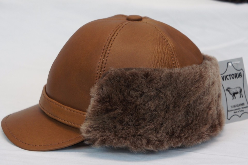 100% Sheepskin Shearling Leather Fur Elmer Fudd Captain Trapper Aviator ...