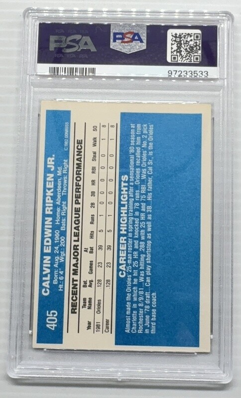 1982 Donruss Cal Ripken Jr Rookie Card RC #405 PSA 8 NM-MT HOF Orioles ...