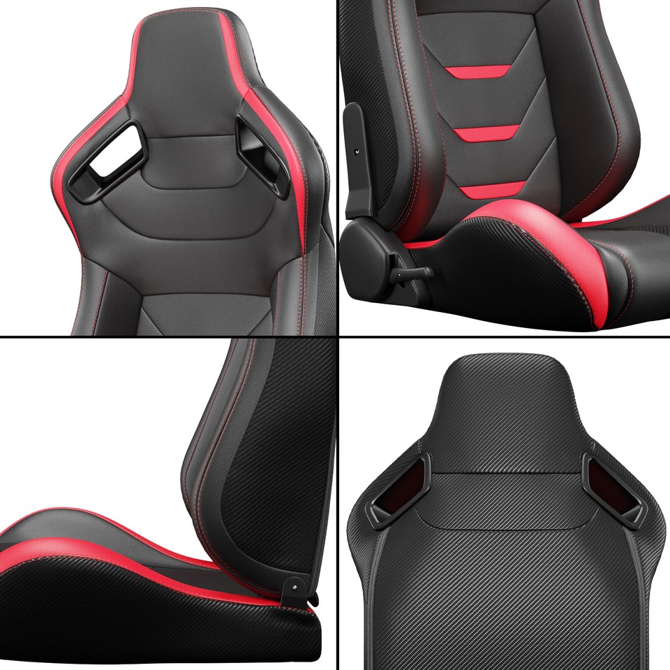 Pair Adjustable Universal Car Racing Bucket Seats Black & Red PU + Dual ...